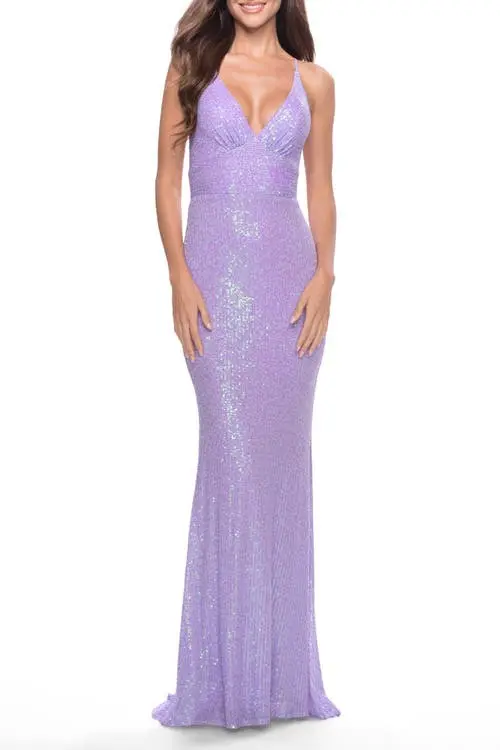 La Femme Sequin V-neck Gown With Lace-up Back - Periwinkle
