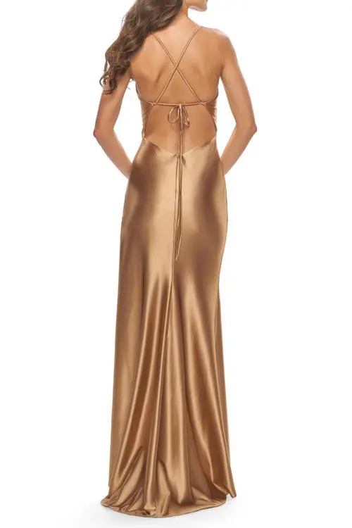 La Femme Fitted Liquid Jersey Gown With High Slit