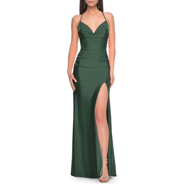La Femme Ruched Jersey Prom Dress With Slit - Emerald