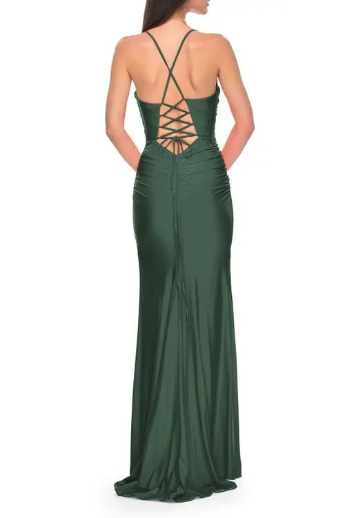 La Femme Ruched Jersey Prom Dress With Slit - Emerald