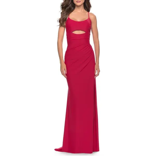 La Femme Cut Out Jersey Gown With Lace Up Back - Red