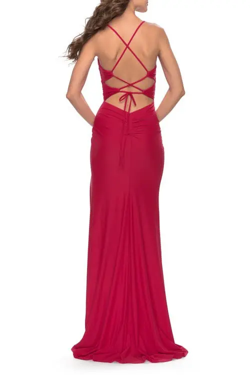 La Femme Cut Out Jersey Gown With Lace Up Back - Red