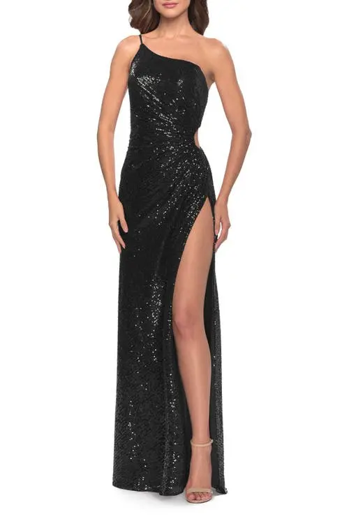 La Femme One-shoulder Sequin Gown With Cut Out - Black