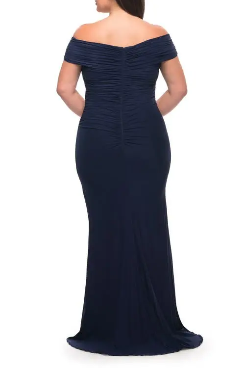 La Femme Long Net Jersey Plus Gown - Navy
