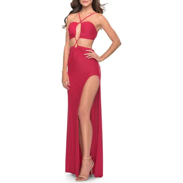 La Femme Jersey Gown With Cut Outs And Criss Cross Straps - Red