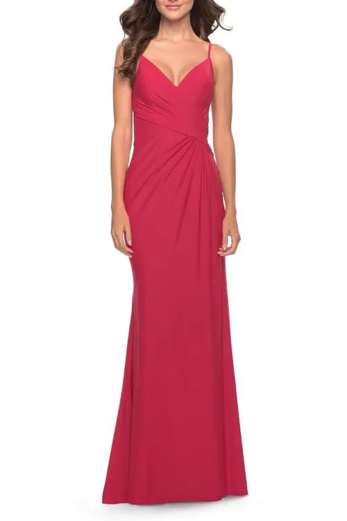 La Femme Long Jersey Dress With Ruching And Lace-up Back - Red