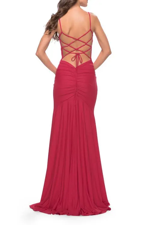 La Femme Long Jersey Dress With Ruching And Lace-up Back - Red