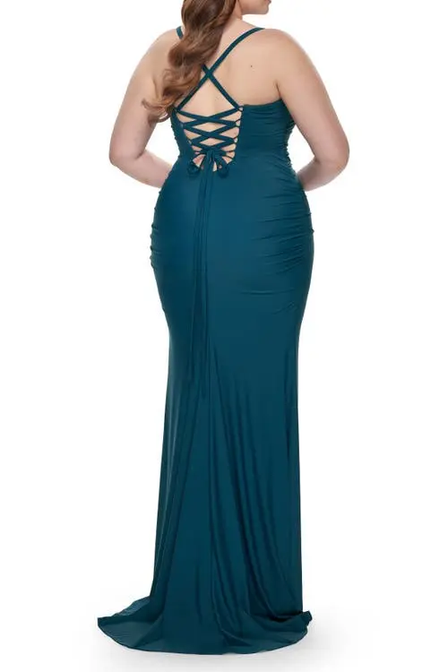 La Femme Ruched Jersey Dress With Lace-up Back