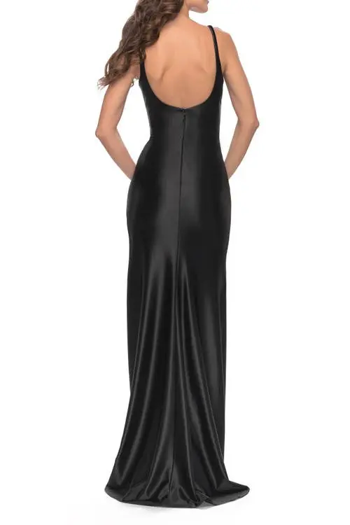 La Femme Liquid Jersey Fitted Dress With Slit - Black