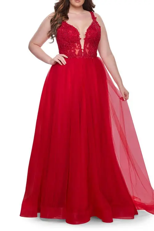 La Femme Deep V-neck Tulle A-line Gown - Red