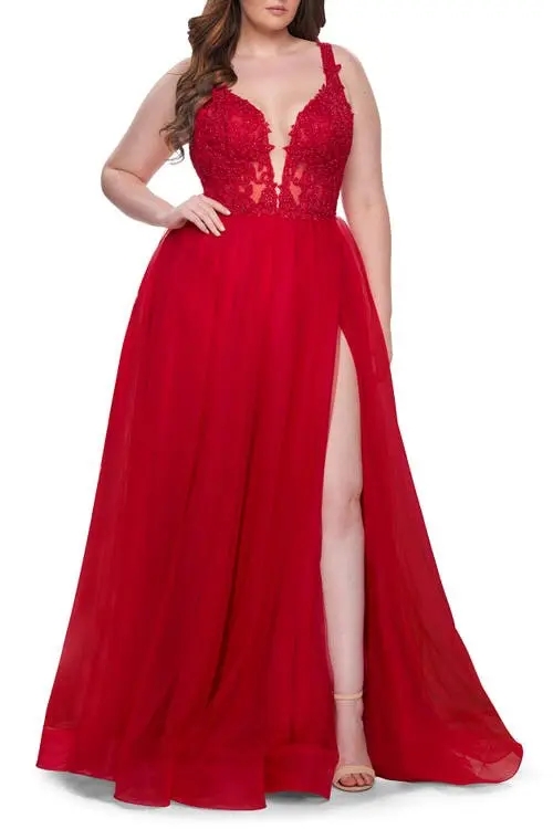 La Femme Deep V-neck Tulle A-line Gown - Red