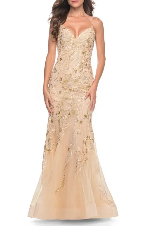 La Femme Mermaid Sequin And Beaded Embellished Gown - Champagne