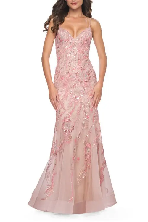 La Femme Mermaid Sequin And Beaded Embellished Gown - Coral