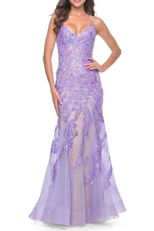 La Femme Mermaid Sequin And Beaded Embellished Gown - Lavender