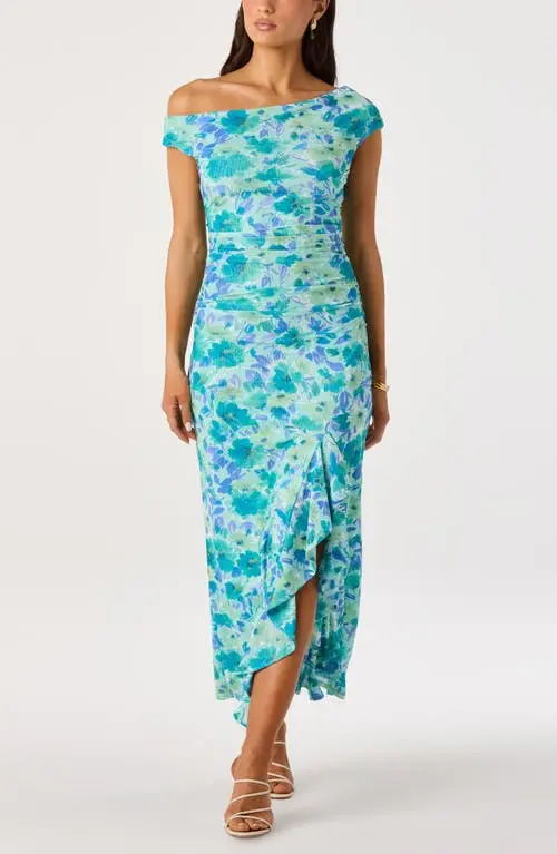Astr The Label Ruched One-shoulder Maxi Dress - Blue Floral