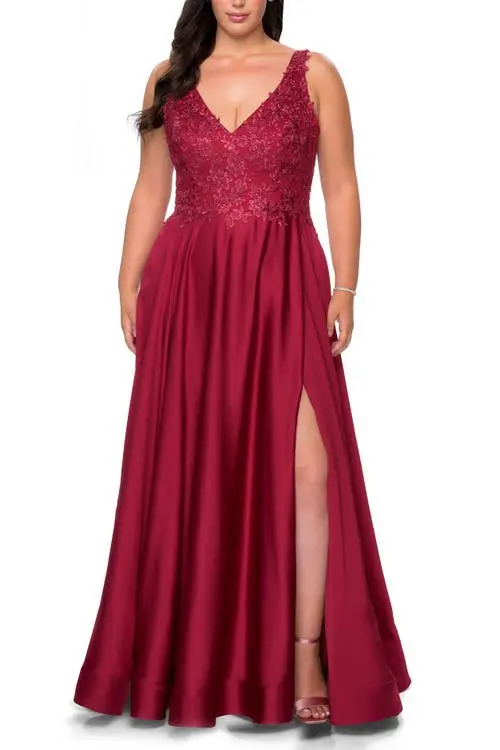 La Femme A-line Dress With Rhinestone Lace Bodice - Wine