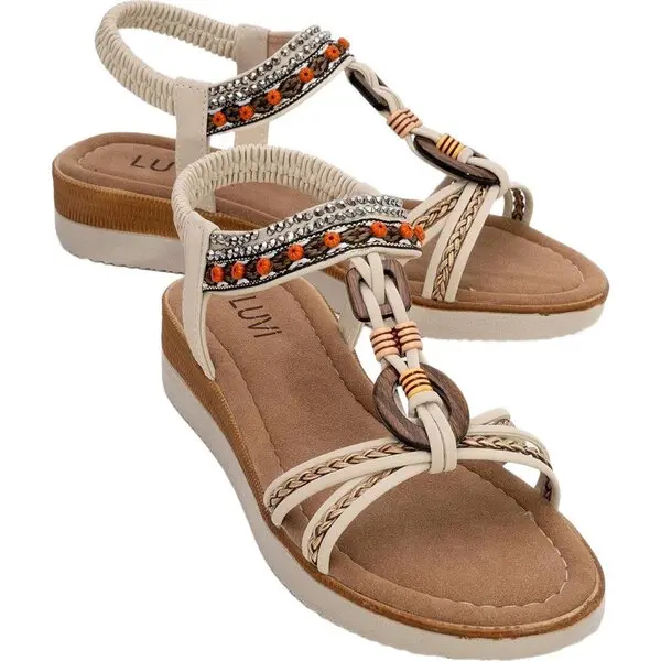 PROLOGUE SHOES Cher Braided Strap Sandal - Beige Faux Leather
