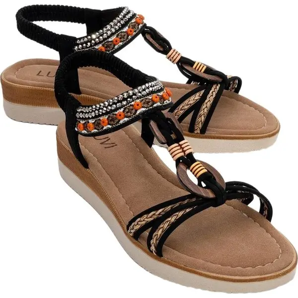 PROLOGUE SHOES Cher Braided Strap Sandal - Black Faux Leather