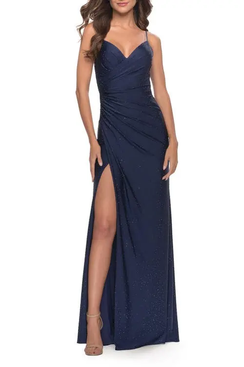 La Femme Lace Applique Rhinestone Jersey Dress - Navy