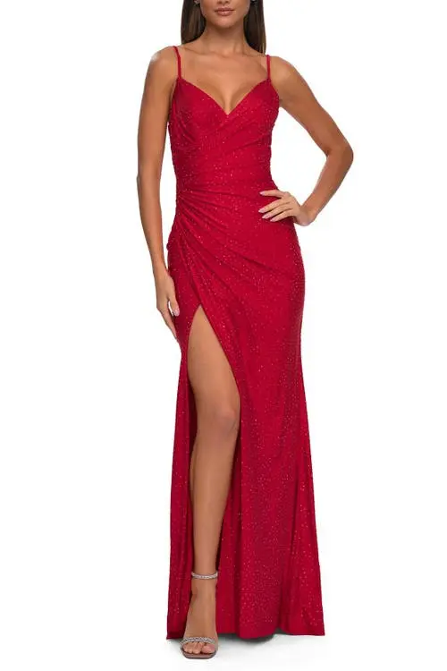 La Femme Lace Applique Rhinestone Jersey Dress - Red