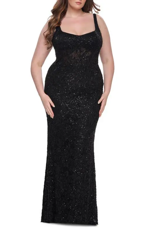 La Femme Fitted Beaded Lace Prom Gown With Illusion Waist - Black