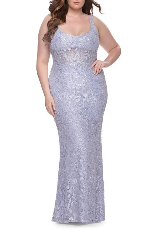 La Femme Fitted Beaded Lace Prom Gown With Illusion Waist - Light Periwinkle