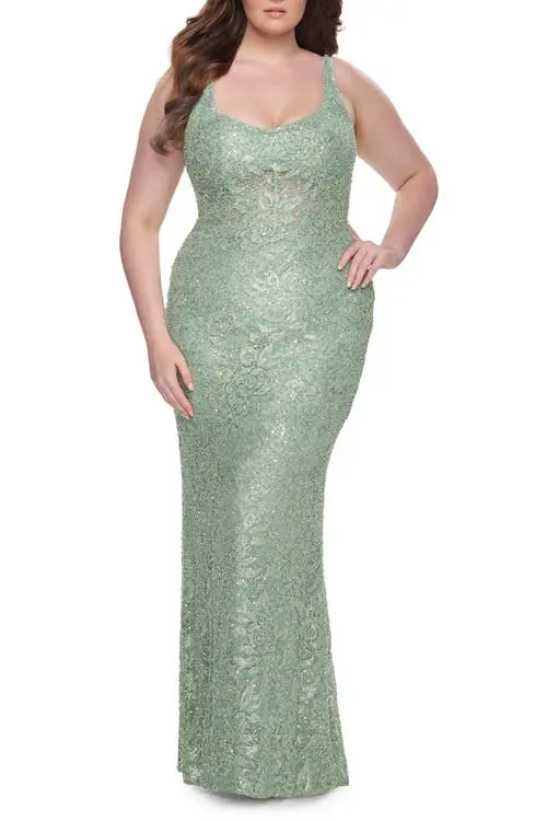 La Femme Fitted Beaded Lace Prom Gown With Illusion Waist - Sage