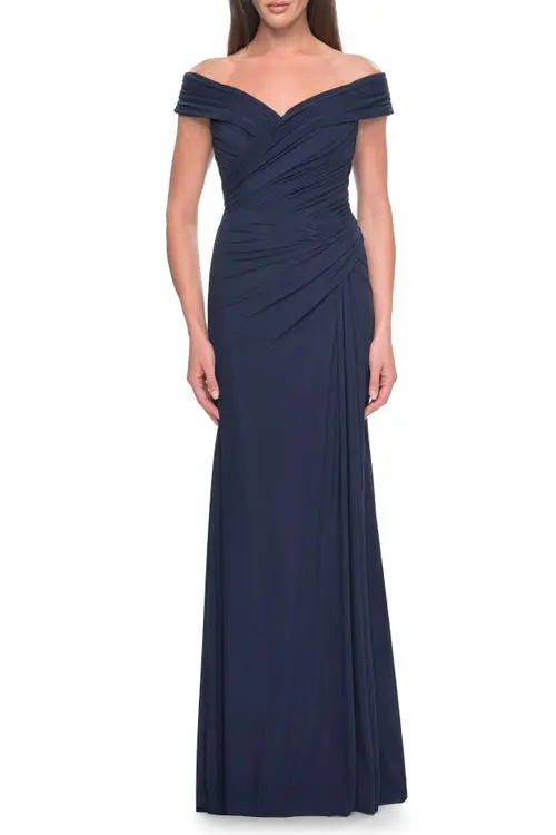 La Femme Off-the-shoulder Jersey Evening Gown - Navy