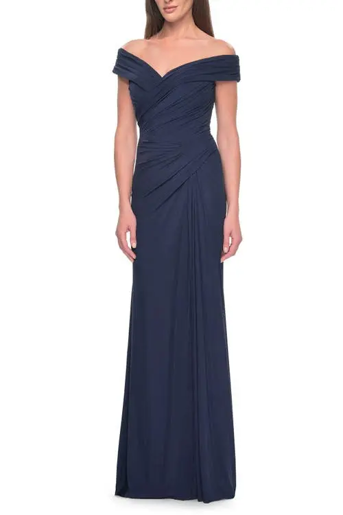 La Femme Off-the-shoulder Jersey Evening Gown - Navy