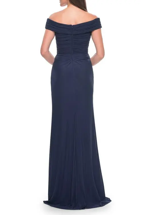 La Femme Off-the-shoulder Jersey Evening Gown - Navy