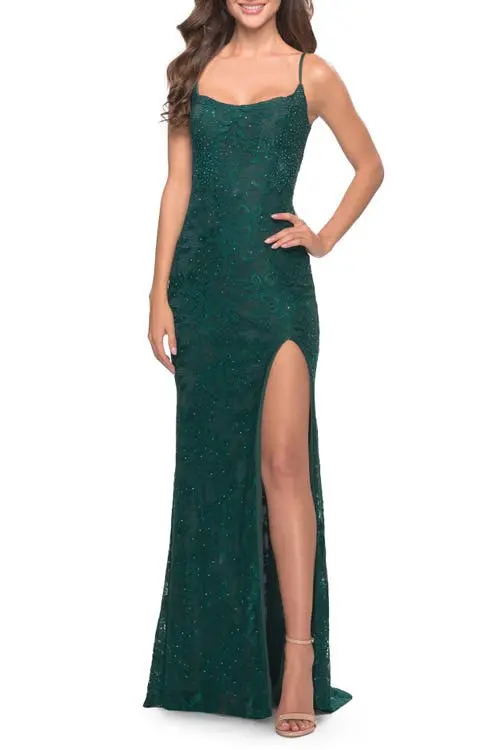 La Femme Stretch Lace Column Gown With Slit - Dark Emerald