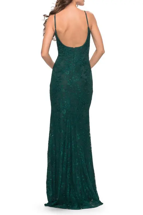 La Femme Stretch Lace Column Gown With Slit - Dark Emerald