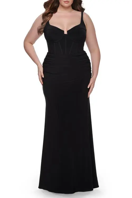 La Femme Jersey Long Dress With Bustier Top And Tie Back - Black