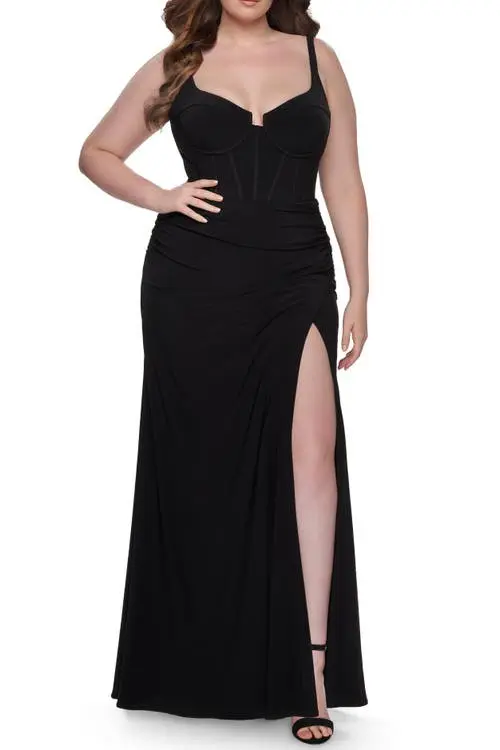 La Femme Jersey Long Dress With Bustier Top And Tie Back