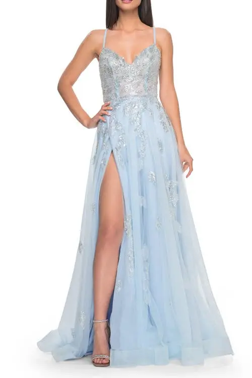 La Femme Two Tone Tulle A-line Gown With Beaded Floral Applique - Light Blue