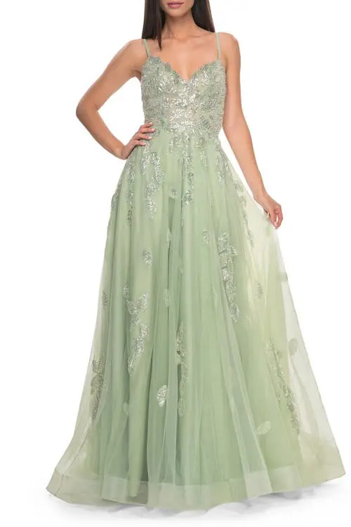 La Femme Two Tone Tulle A-line Gown With Beaded Floral Applique - Sage
