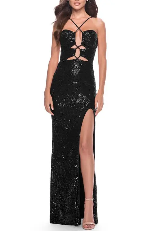 LABOMME Stretch Sequin Column Gown - Black
