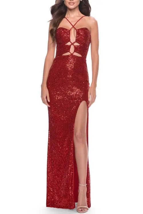 La Femme Stretch Sequin Column Gown - Red