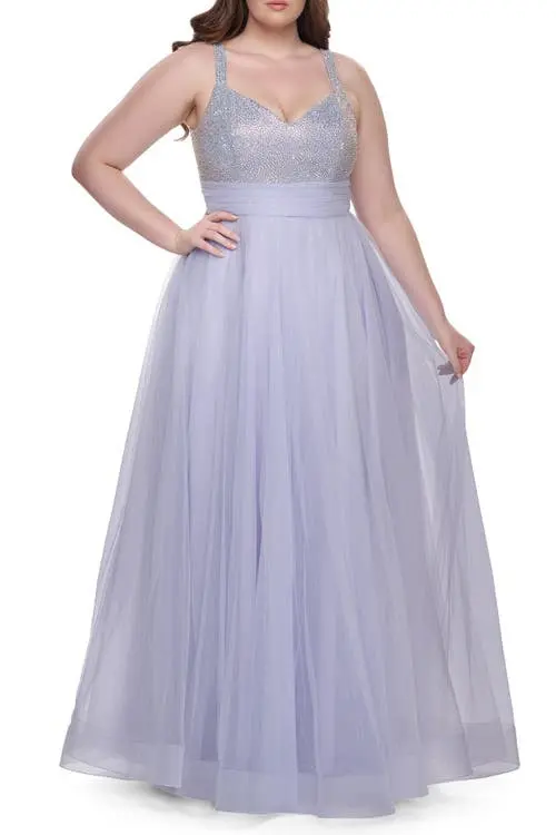 La Femme A-line Tulle Prom Dress With Rhinestone Bodice - Light Periwinkle