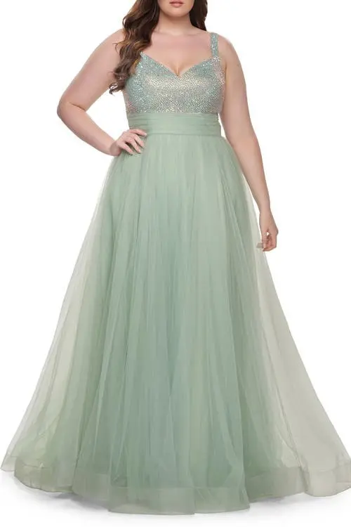 La Femme A-line Tulle Prom Dress With Rhinestone Bodice - Sage