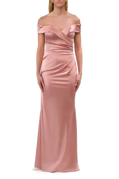 LABOMME Off-the-shoulder Stretch Satin Evening Gown - Mauve