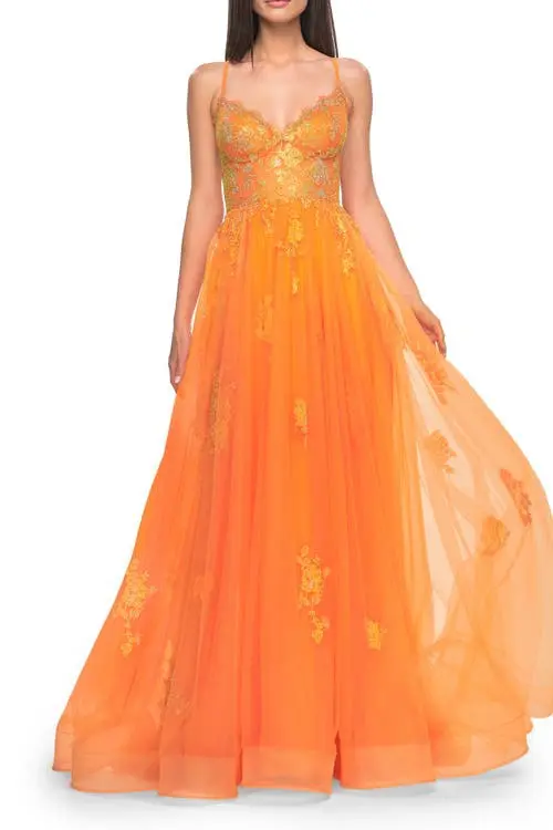 La Femme A-line Tulle Gown With Lace Applique - Orange