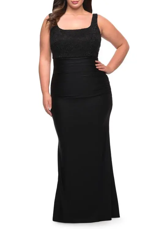 La Femme Long Lace And Jersey Gown - Black