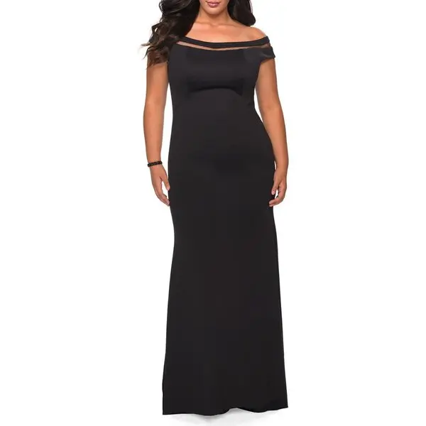 La Femme Off-the-shoulder Gown With Sheer Neckline Detail - Black