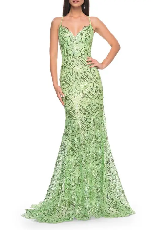 La Femme Sequin Mermaid Dress With Lace Up Back - Sage