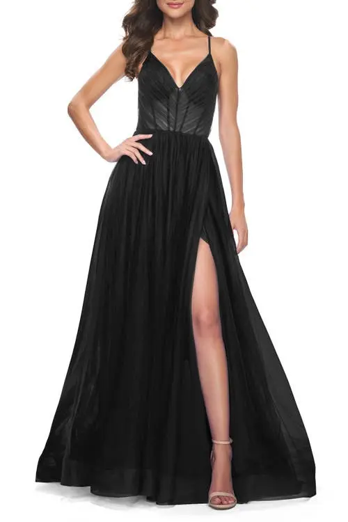 La Femme A-line Prom Dress With Illusion Bodice - Black