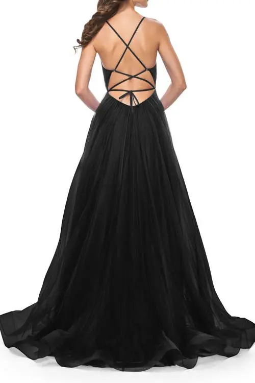 La Femme A-line Prom Dress With Illusion Bodice - Black