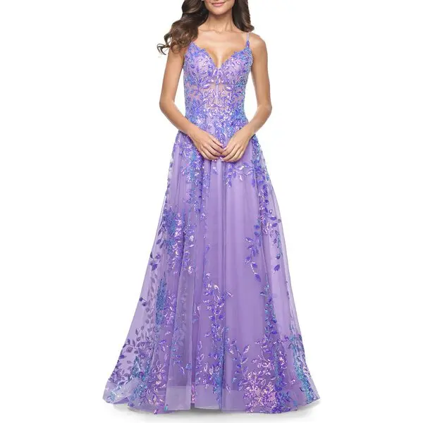 LABOMME Sequin Lace Print Tulle A-line Gown With Illusion Bodice - Periwinkle