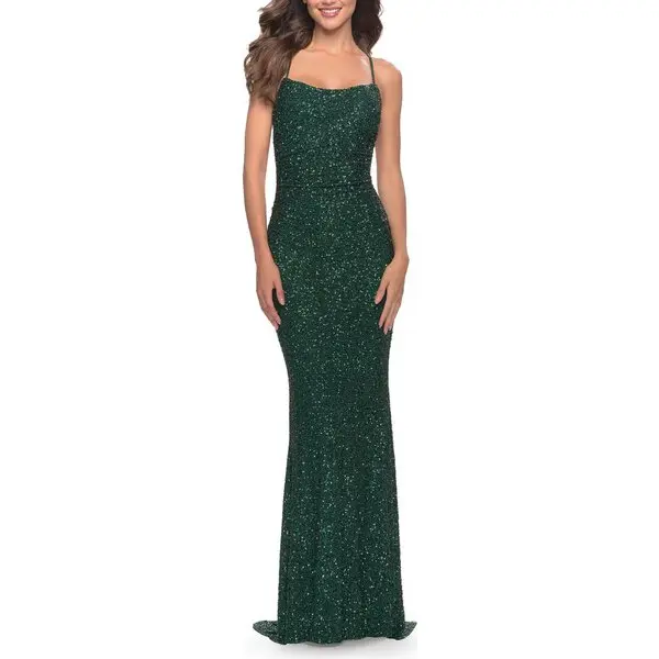 La Femme Sequin Gown With Open Back - Emerald