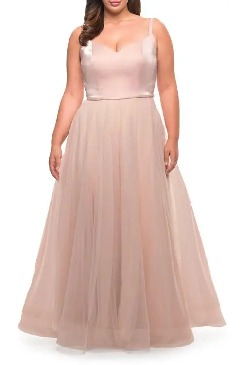 La Femme A-line Tulle Gown With Satin Bodice - Blush